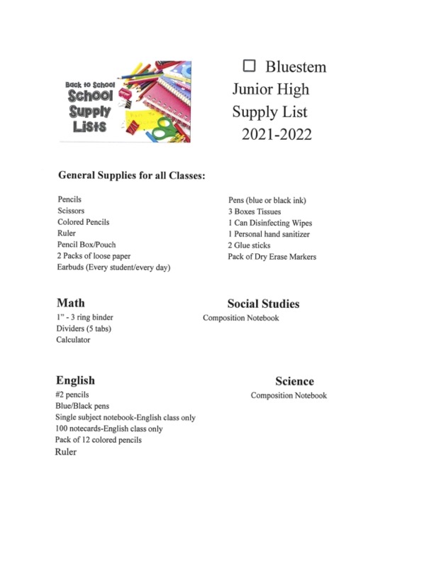 BJSHS SUPPLY LIST | Bluestem USD 205