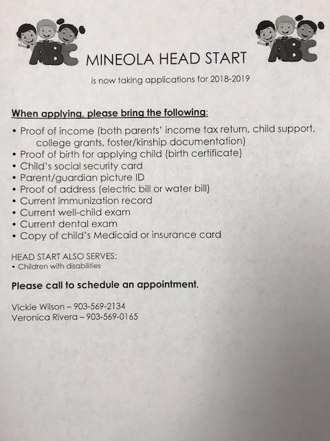 Head Start/ Pre-Kindergarten | Mineola Primary School