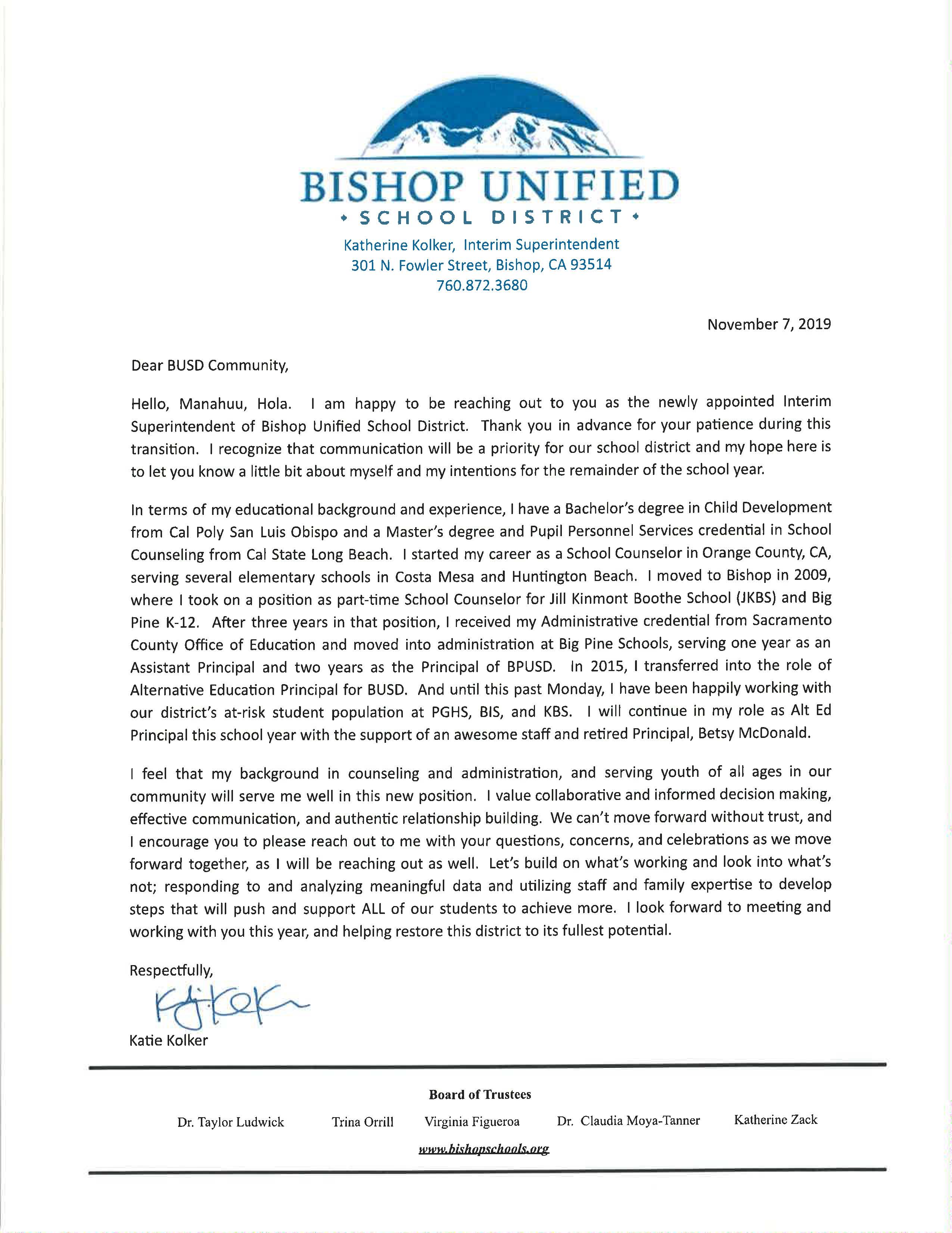 SUPERINTENDENT'S MESSAGE | Bishop Unified School District